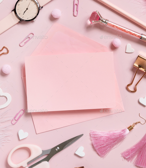 Pink paper card with envelope, school girly accessories and hearts on ...