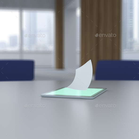 3D rendering, Sheet of paper hovering over digital tablet on desk Stock ...