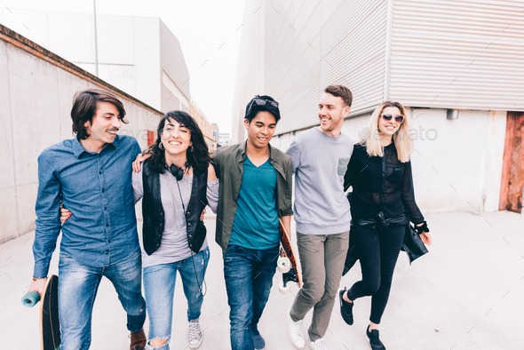 Group Multiethnic Friends Outdoor Walking Hugging Socializing And