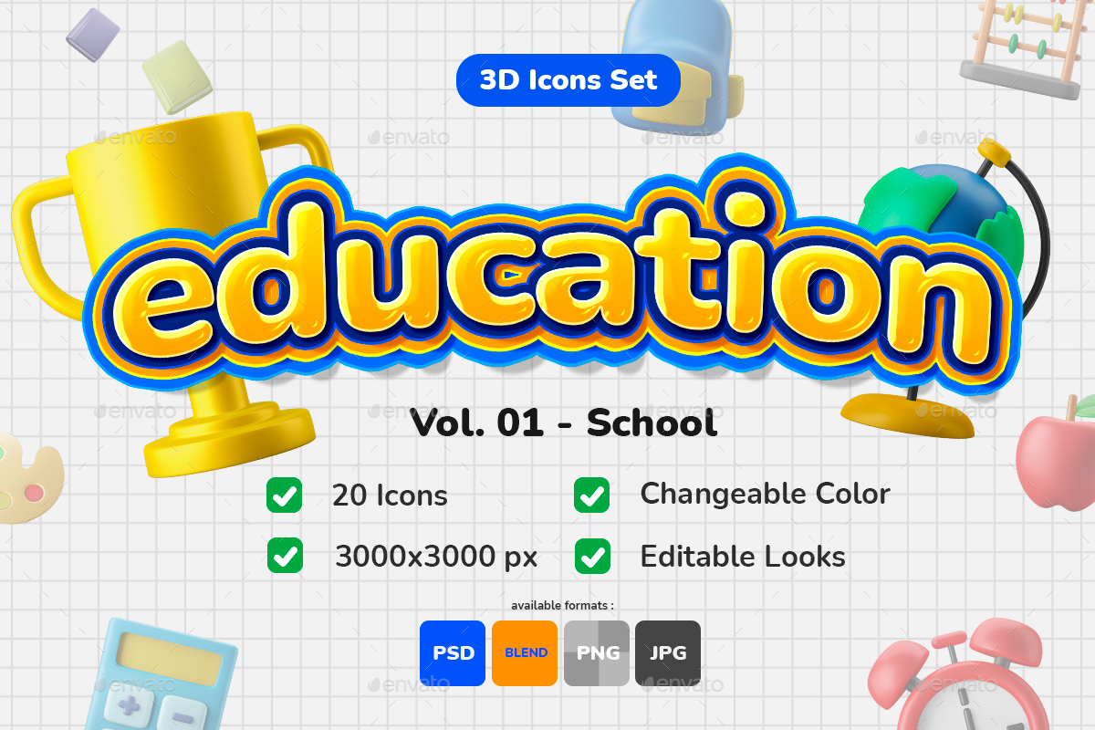 3D Icon Set - Education Vol. 01 - School Theme, Icons | GraphicRiver