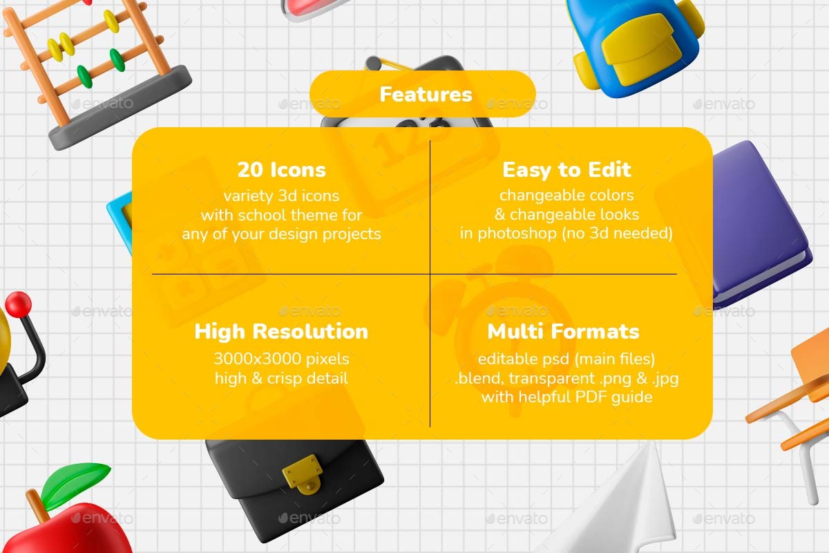 3D Icon Set - Education Vol. 01 - School Theme, Icons | GraphicRiver