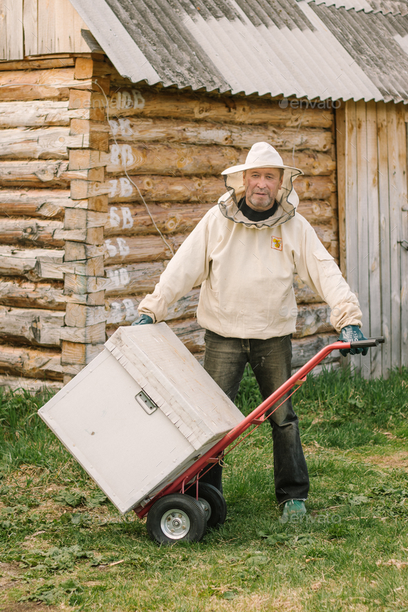 The beekeeper carries on the cart a new home for bees Stock Photo by ...