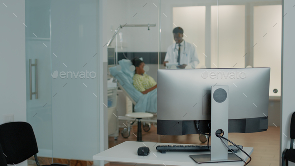 Close up of desk with computer in hospital ward clinic Stock Photo by ...