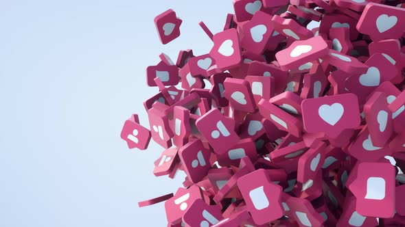 Social media like buttons, follow buttons and comment buttons, falling downwards, white ...