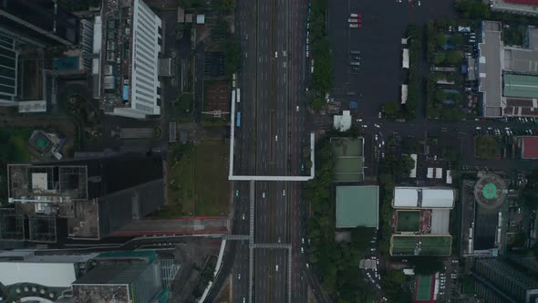 Birds Eye Top Down Aerial View Closing in on Vehicles on a Multi Lane ...