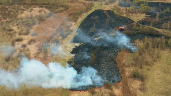 Aerial View Spring Dry Grass Burns During Drought Hot Weather. Bush ...