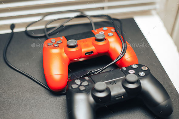 Computer game competition. Gaming concept. red and black joysticks on ...