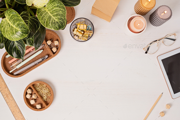 Modern eco friendly desktop with zero waste stationary. Cozy working ...