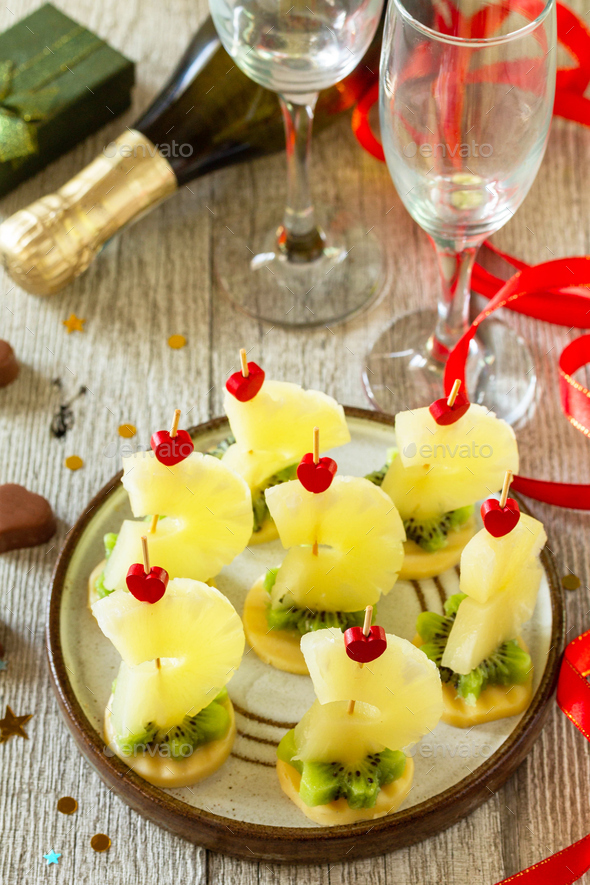 Valentines day or birthday romantic antipasto. Canapes with cheese ...