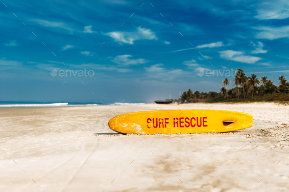 Life saving yellow board with surf rescue sign. Rescue surf board Stock ...