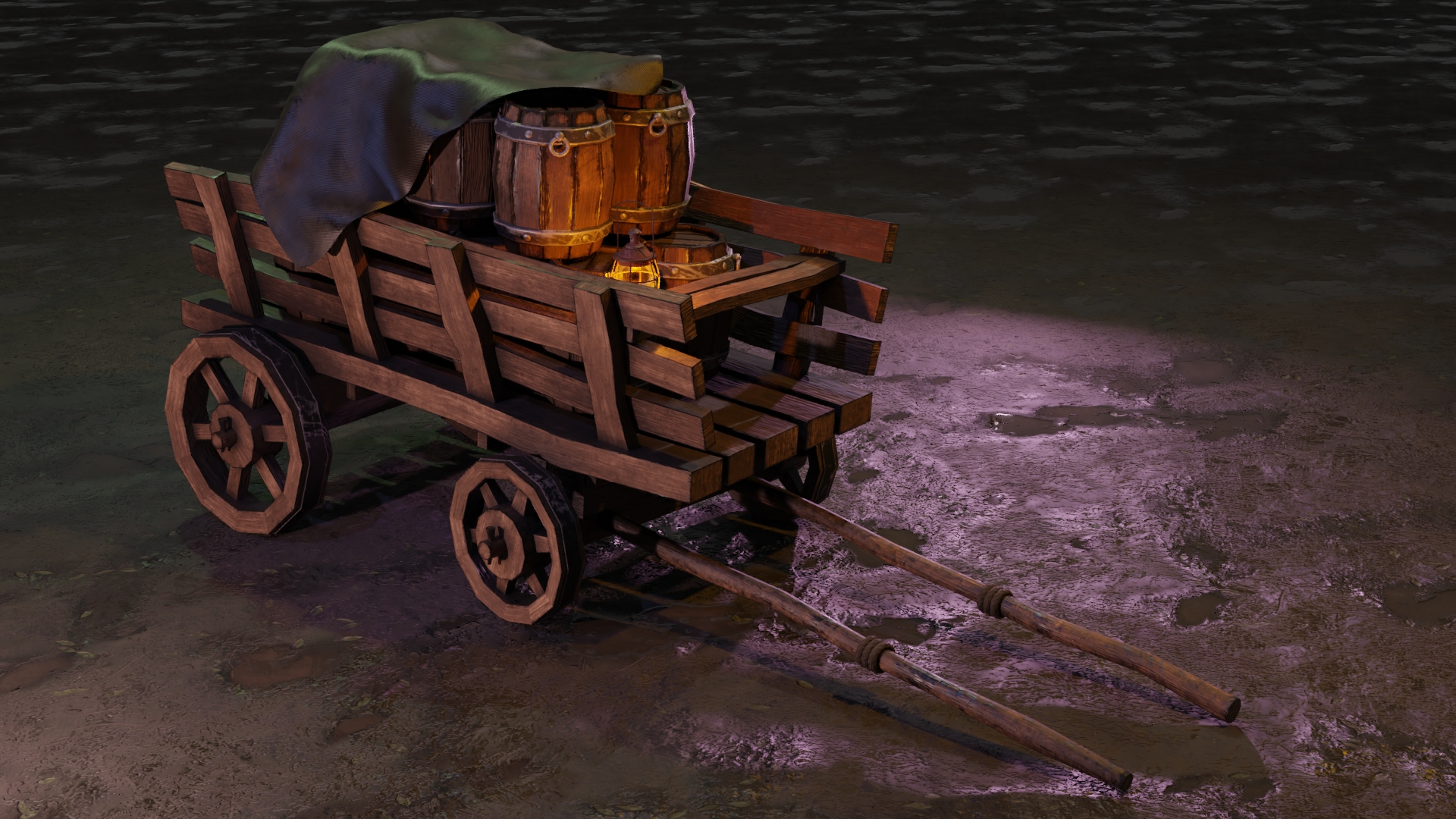 A stylized medieval cart with a lamp and barrels by 3D_Kod | 3DOcean