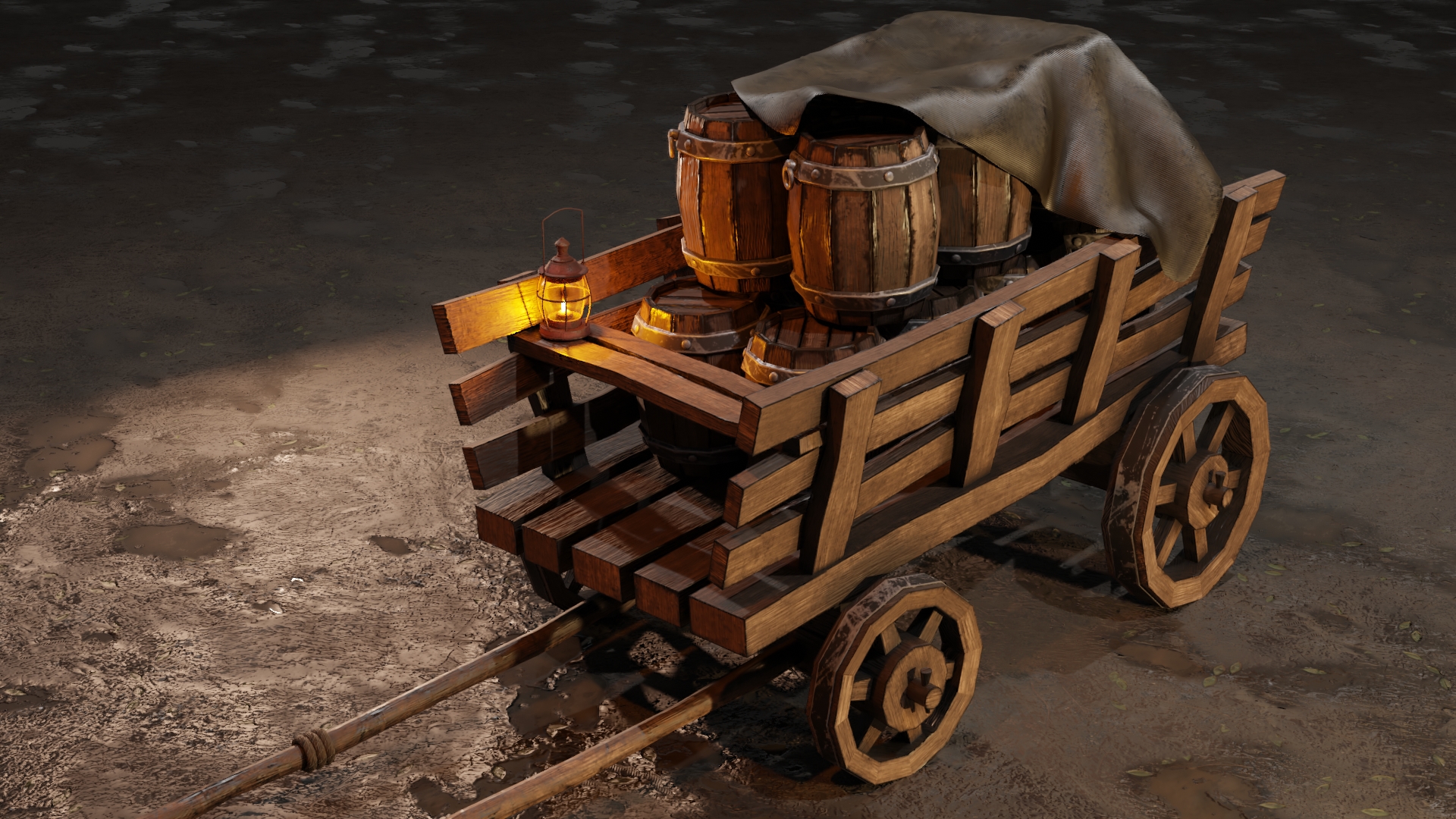 A stylized medieval cart with a lamp and barrels by 3D_Kod | 3DOcean