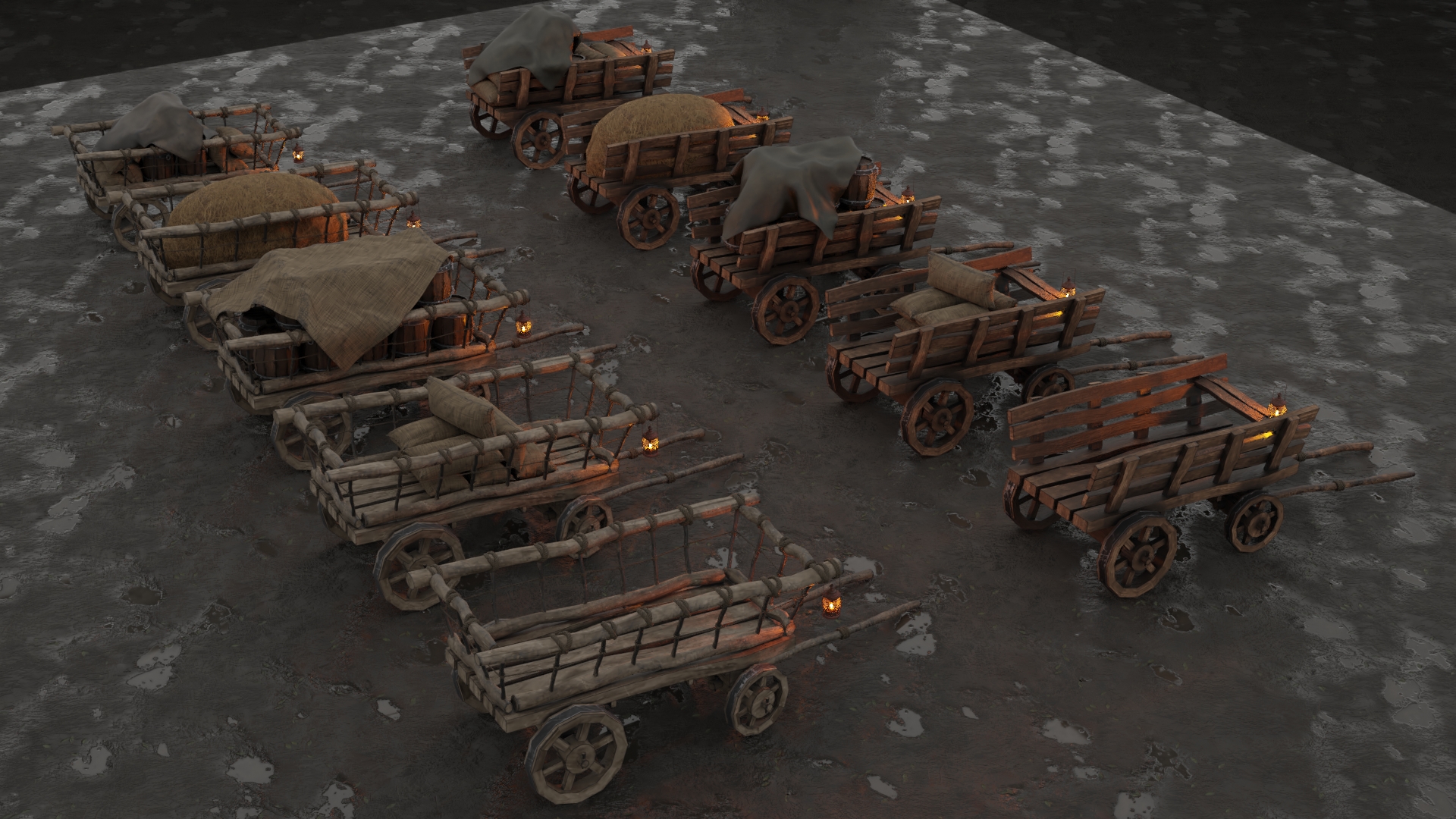 A set of stylized medieval carts with a lamp and a load by 3D_Kod | 3DOcean