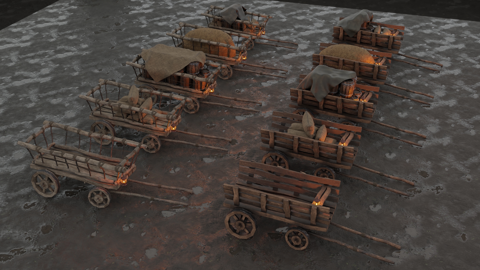 A set of stylized medieval carts with a lamp and a load by 3D_Kod | 3DOcean