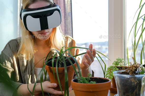 Gardening.Virtual world, metaverse.Girl planting flowers in immersive ...