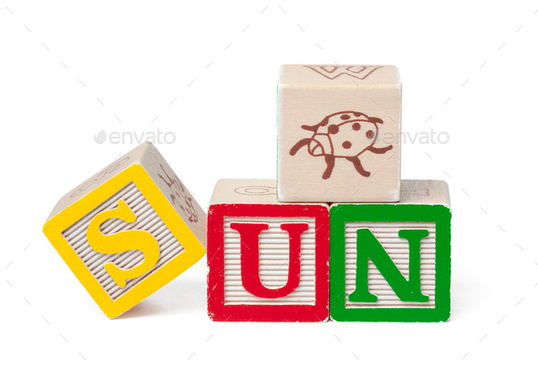 Colorful alphabet blocks. Word sun isolated on white background Stock ...
