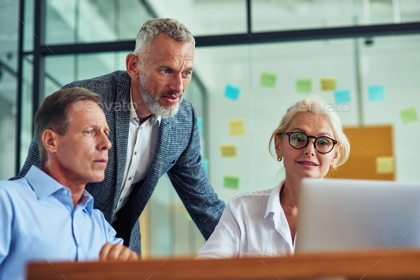 Group of focused mature business people looking at laptop screen and ...