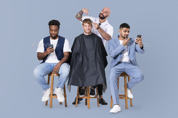 Mens barber shop with hairstylist jobs and career campaign Stock Photo ...