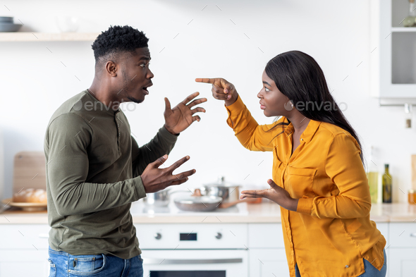 Lovers Fight. Portrait Of Andry Black Couple Emotionally Arguing In ...