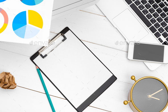 Printer and computer. Office table. Top view Stock Photo by FabrikaPhoto