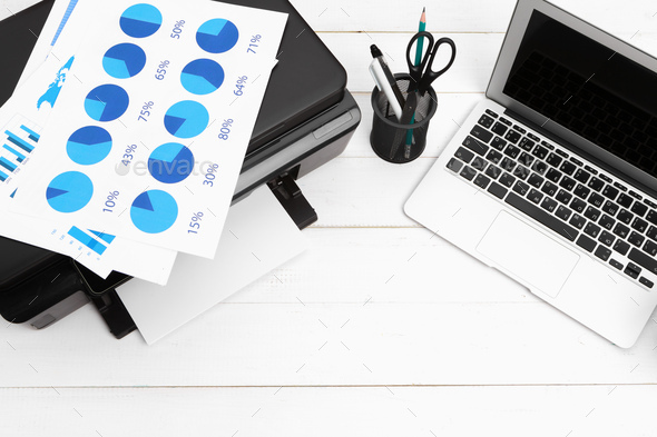 Printer and computer. Office table. Top view Stock Photo by FabrikaPhoto