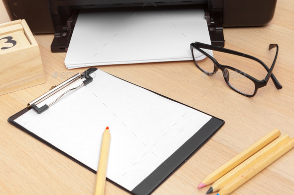 Printer and computer. Office table. Top view Stock Photo by FabrikaPhoto