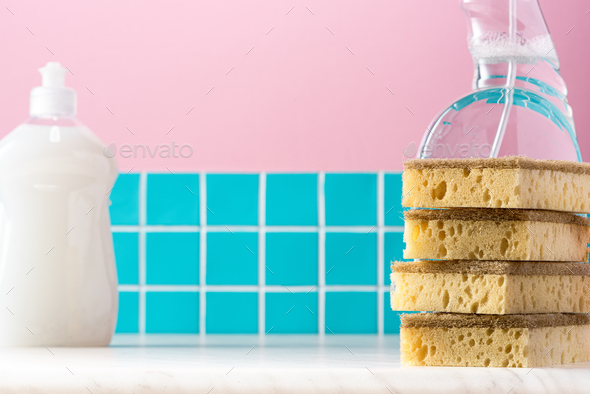 Zero waste bamboo cleaning sponge in kitchen. Copy Space background ...