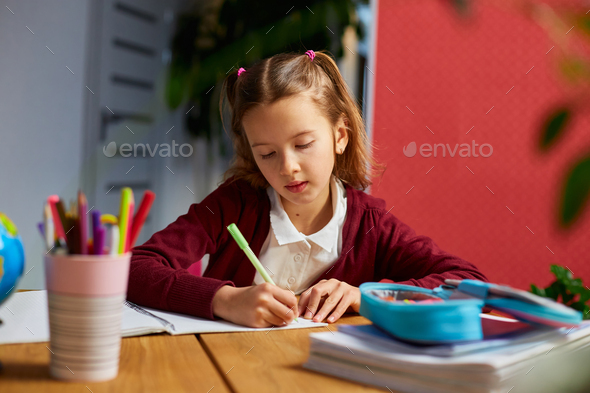 Focused schoolgirl sit at desk doing homework handwriting ...
