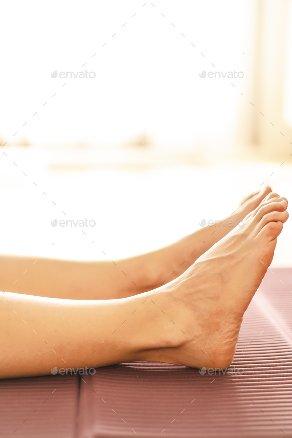 Yoga at home, meditation position sitting on the floor, Stock Photo by ...