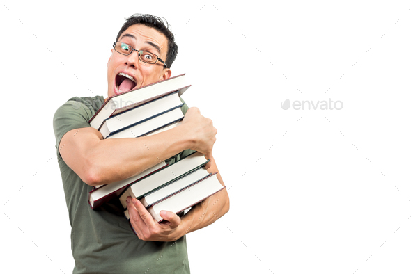 Excited male bookworm hugging books and screaming Stock Photo by ...