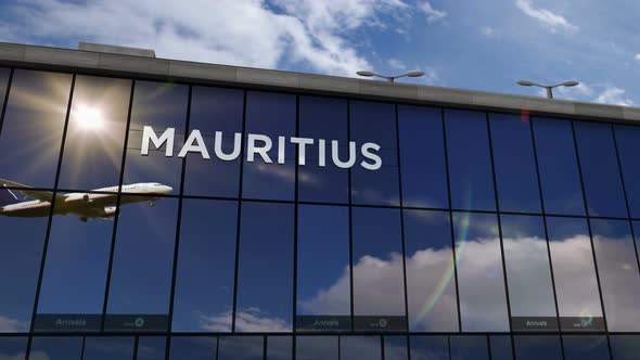 Airplane landing at Mauritius airport mirrored in terminal, Motion Graphics