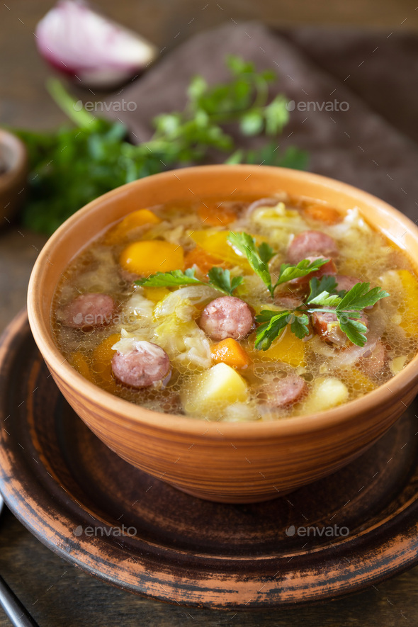 Czech food: Traditional Zelnacka cabbage soup with sausages and ...