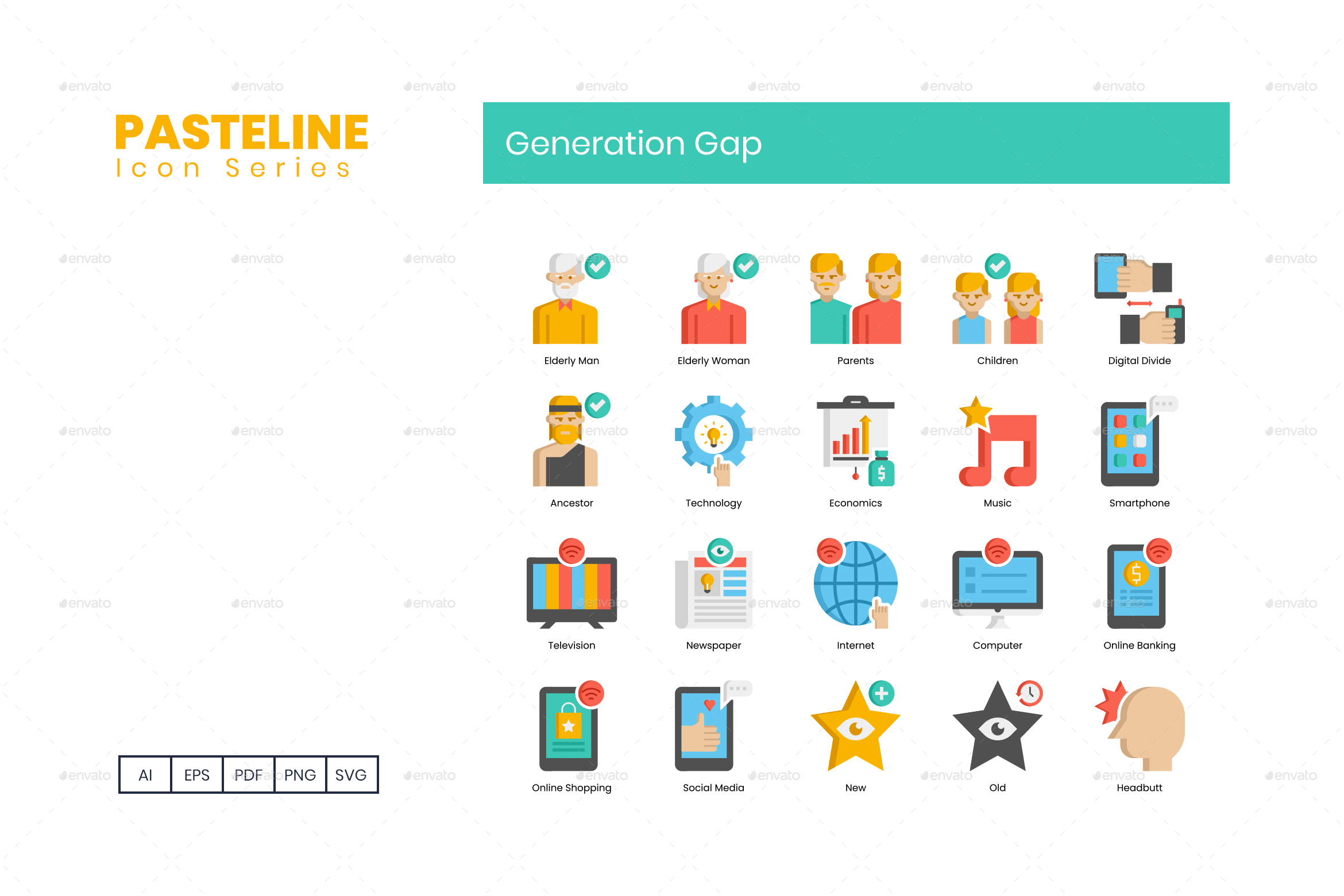 70 Generation Gap Icons | Pasteline Series, Icons | GraphicRiver