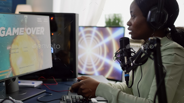 Sad black woman streamer finishing virtual gaming tournament losing ...
