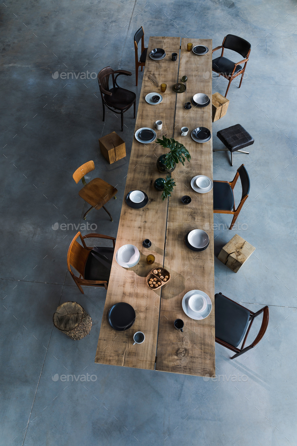 Elegant rustic wooden dining table. Stylish top view composition of ...