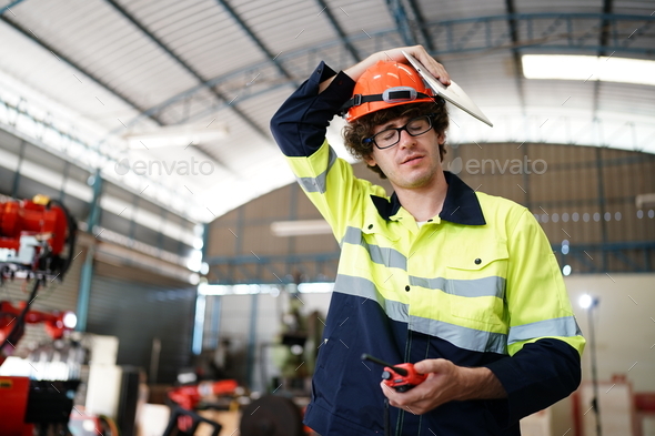 Engineer checking control panel and Automatics robot arm and operating ...