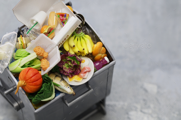 Garbage trash can, Image of food waste made in miniature. Stock Photo ...