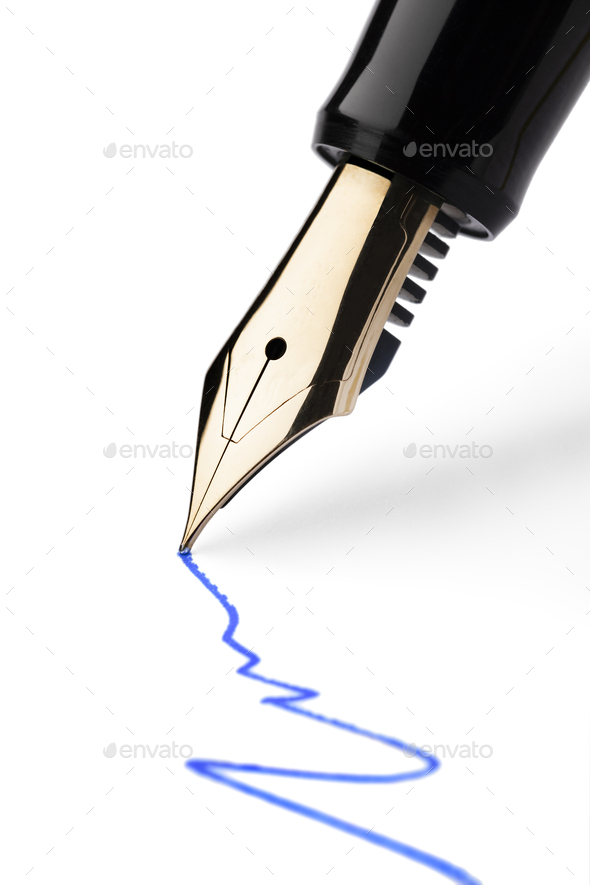 Traditional golden fountain pen writing close up Stock Photo by ...