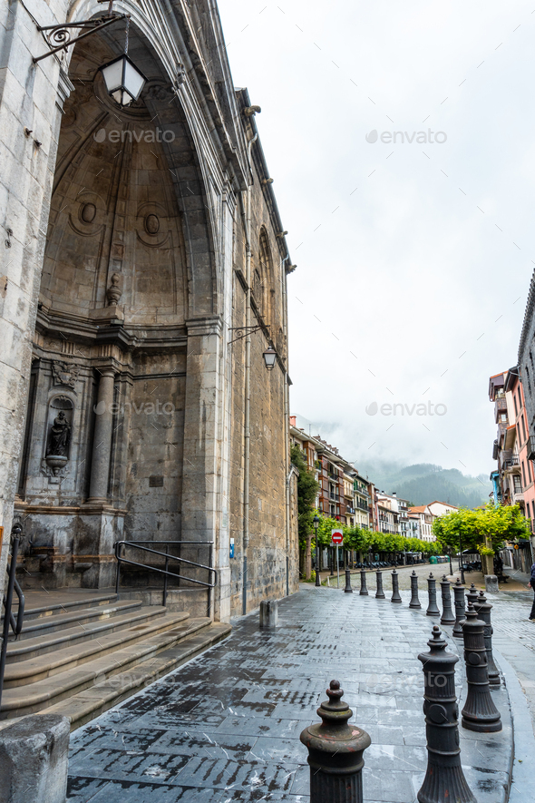 Church of Santa María La Real in the town of Azkoitia next to the Urola ...