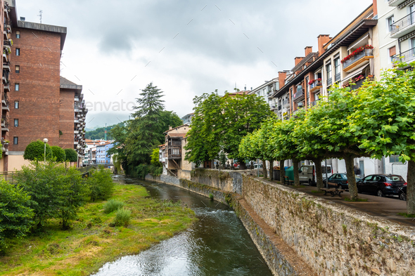 Traditional houses in the town of Azkoitia next to the Urola river ...