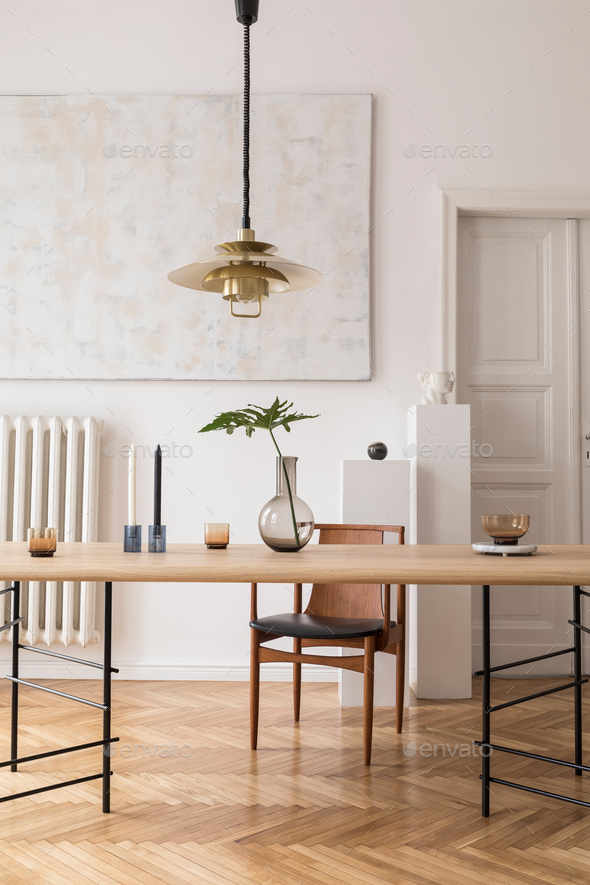 Stylish and modern dining room interior with design sharing table ...
