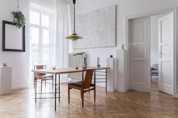 Stylish and modern dining room interior with design sharing table ...
