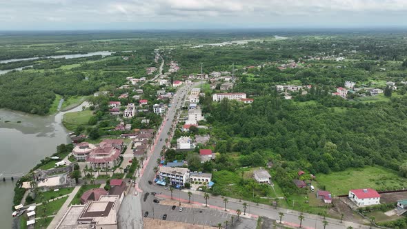 Anaklia, Georgia - July 16 2022: Flying over Anaklia city at sunset ...