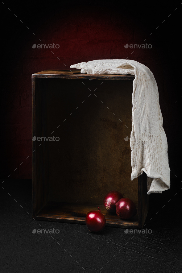 Empty wooden box and three onions Stock Photo by boomeart | PhotoDune
