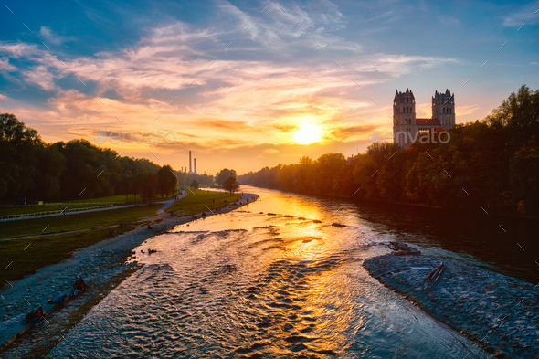 Isar river, park and St Maximilian church from Reichenbach Bridge ...