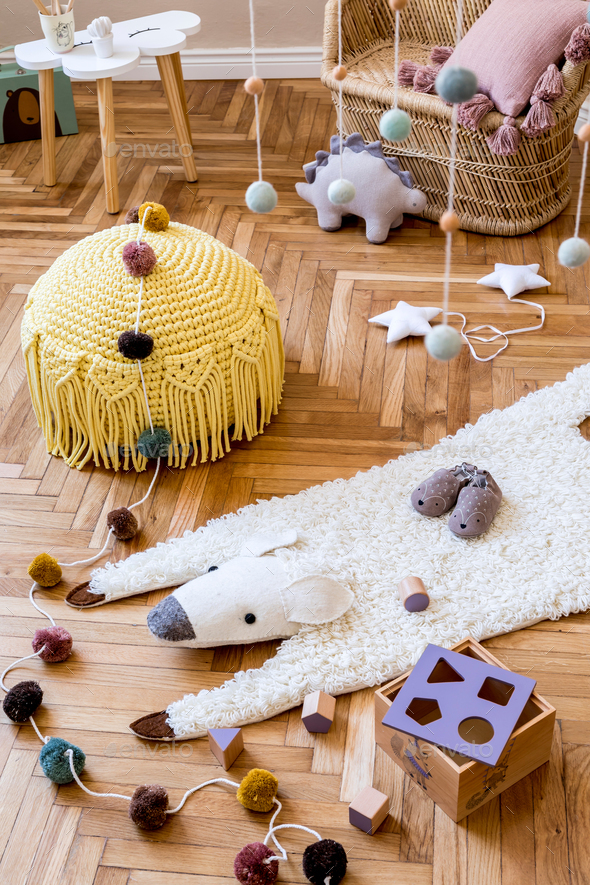 Stylish scandinavian interior of kid room with design furniture. Stock ...