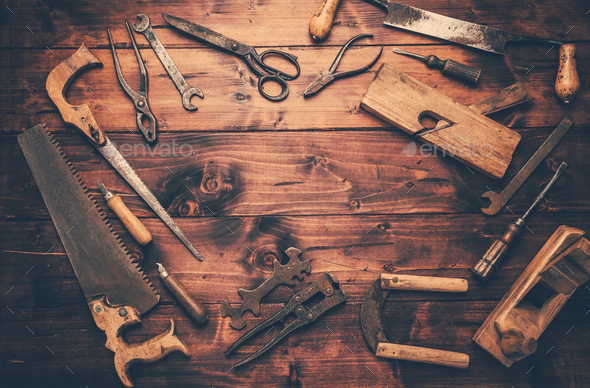 Assortment of old and rusty tools in workshop in vintage look Stock ...