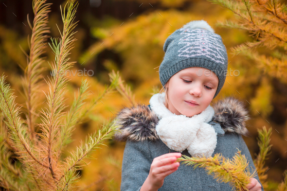 Portrait of beautiful girl background yellow fir-tree in fall Stock ...