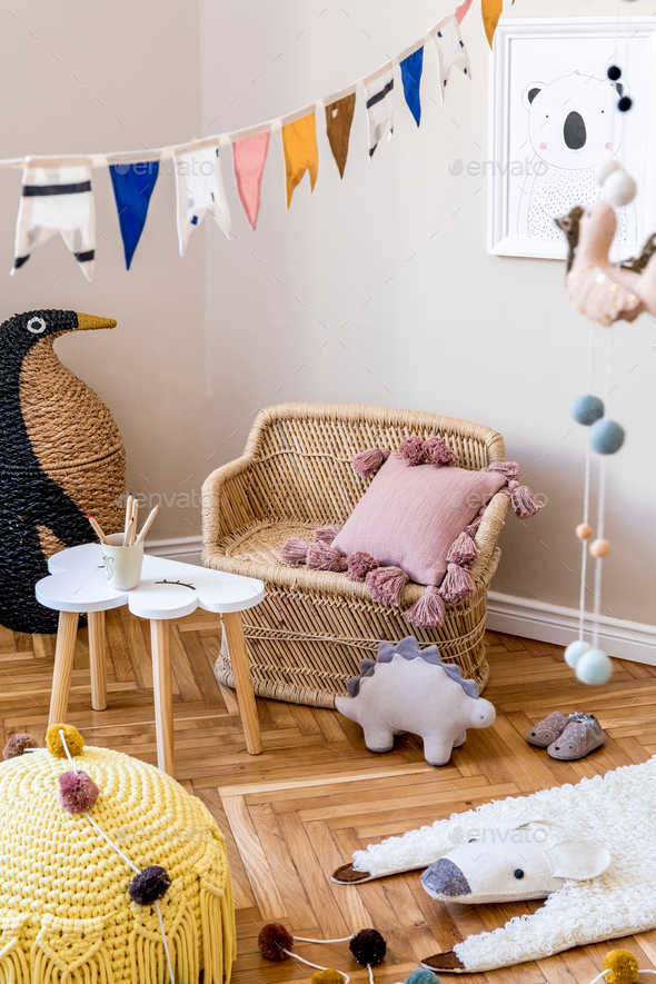 Stylish scandinavian interior of child room with natural toys. Stock ...