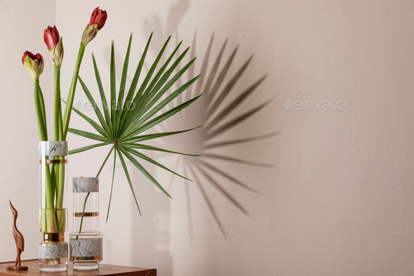 Stylish and floral composition of beautiful flowers in modern vases ...